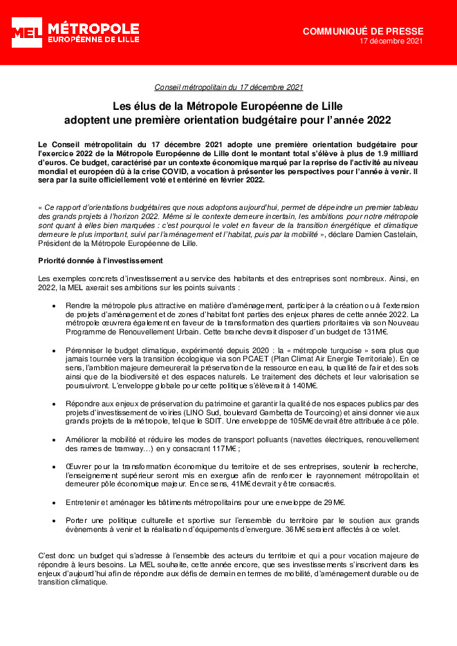 CP MEL - Les élus de la Métropole Européenne de Lille adoptent le ...